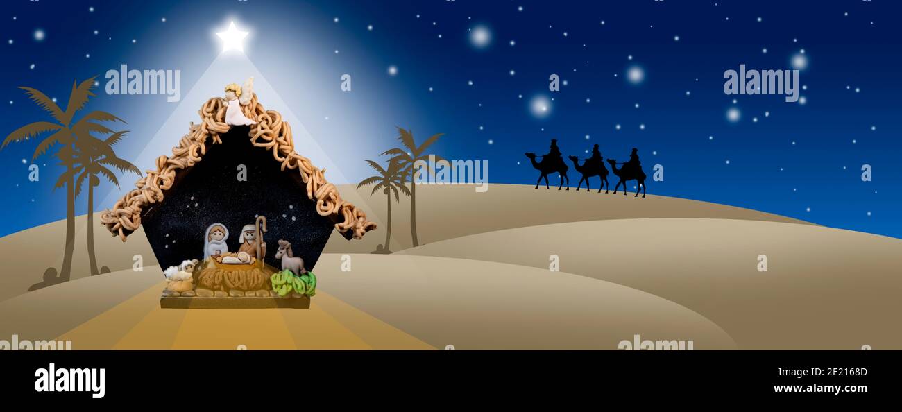 Nativity scene against a starry blue night sky with space for your text ...