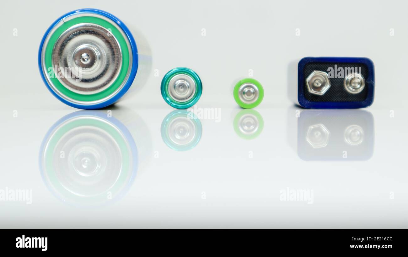Battery type D or C, PP3, AA, AAA on a white background with reflection ...