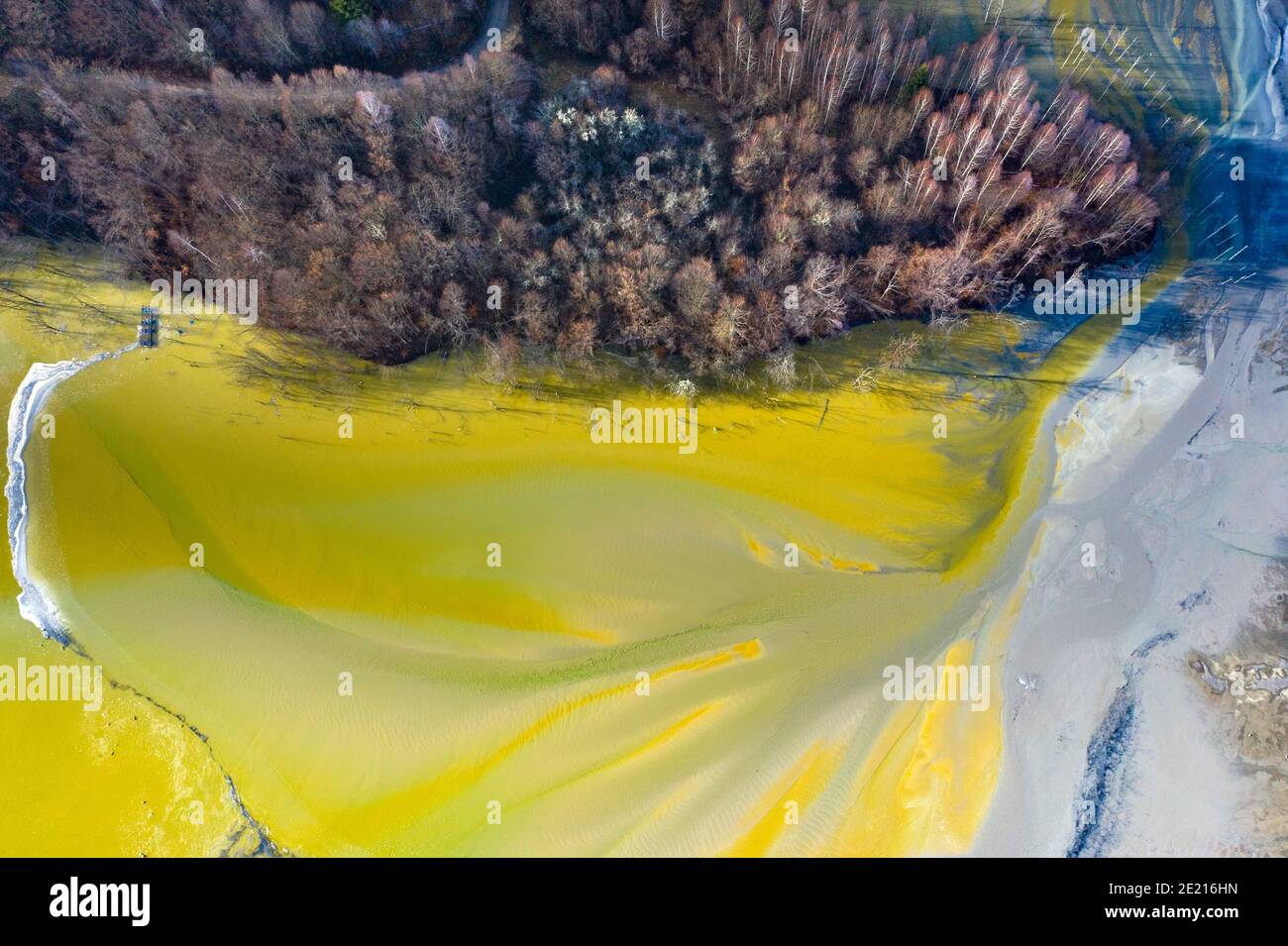 Aerial drone view of water pollution of a copper mine exploitation ...