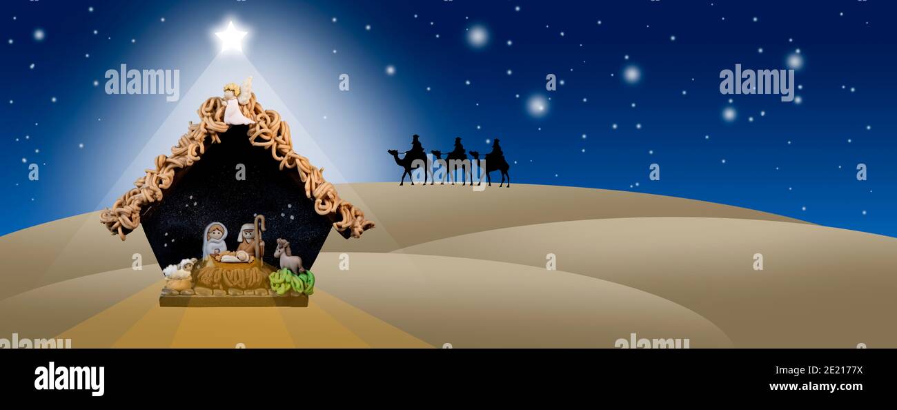 Nativity scene against a starry blue night sky with space for your text ...