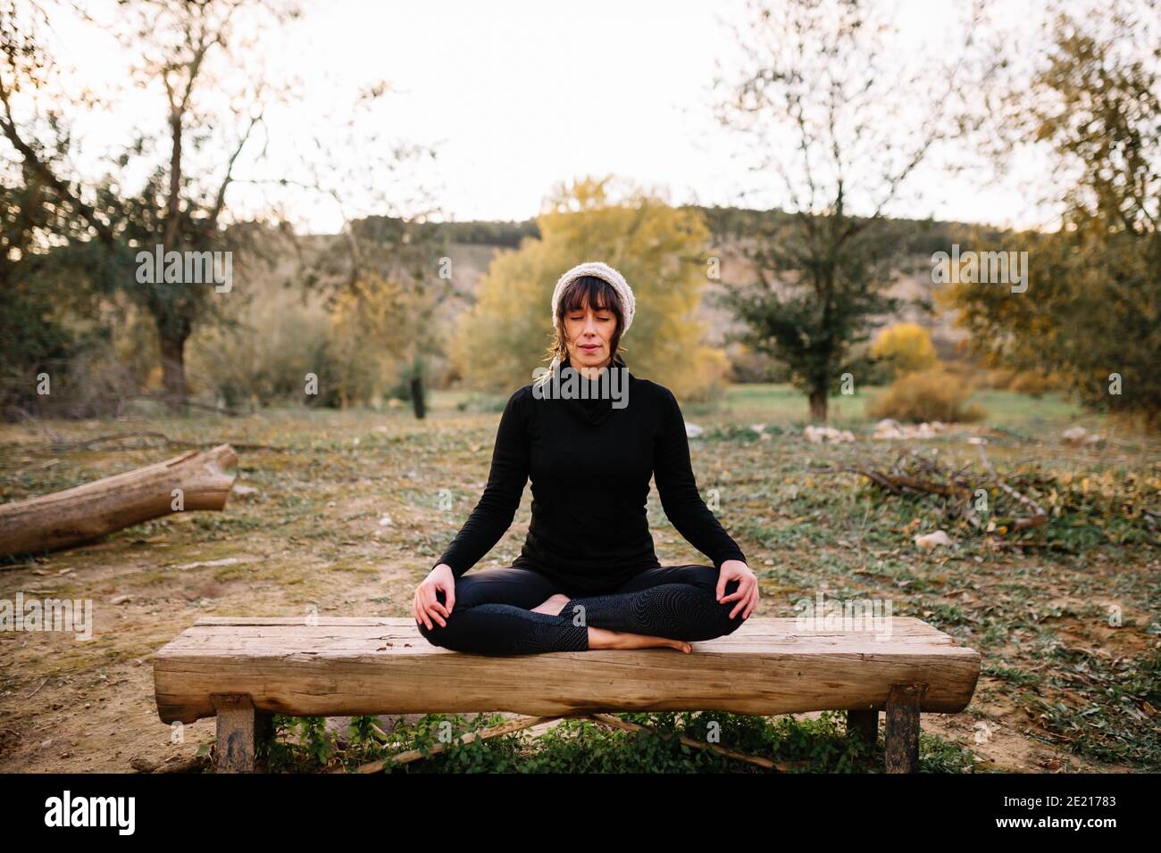 Woman yoga autumn sit hi-res stock photography and images - Alamy