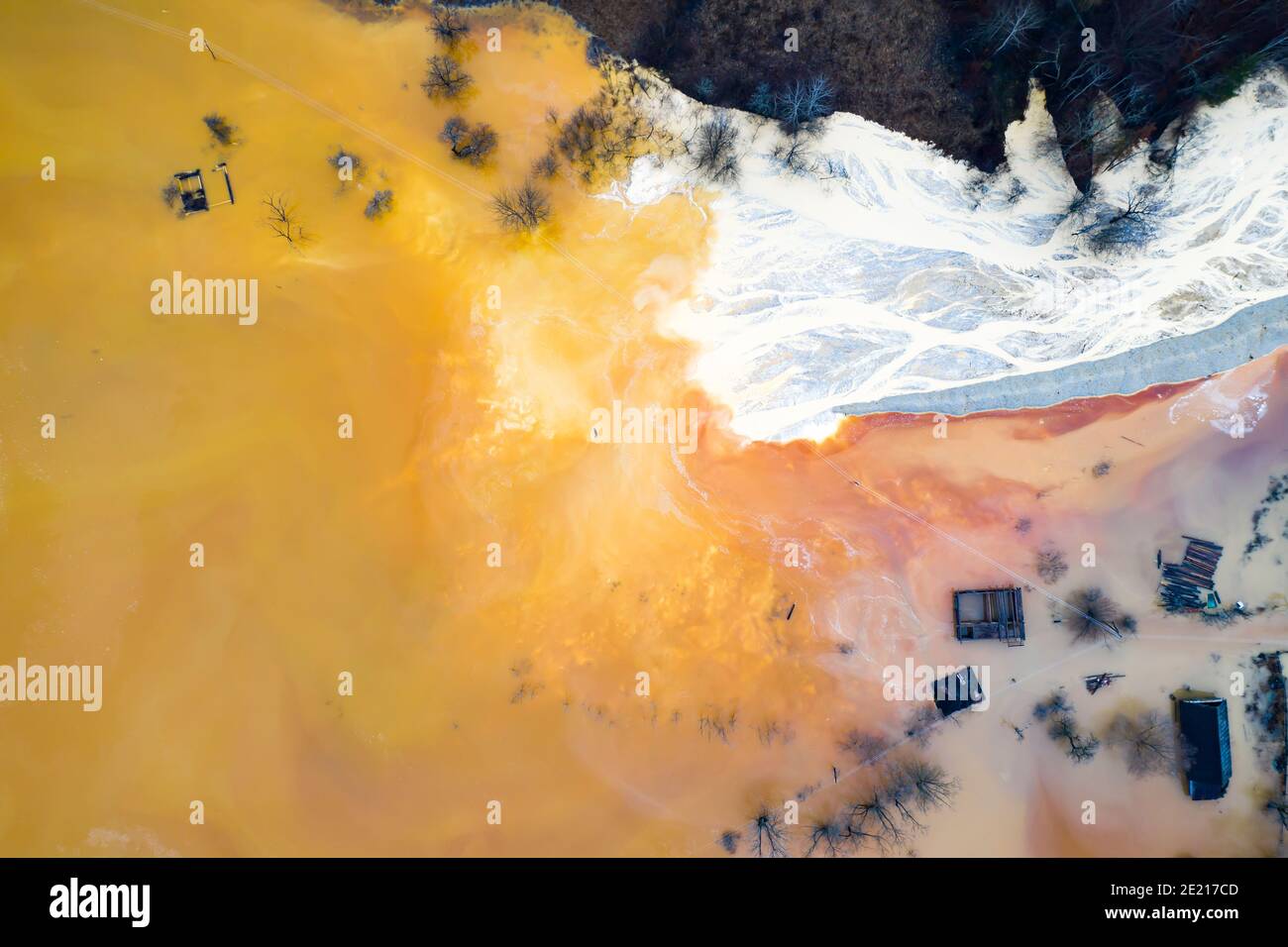 Aerial drone view of water pollution of a copper mine exploitation ...