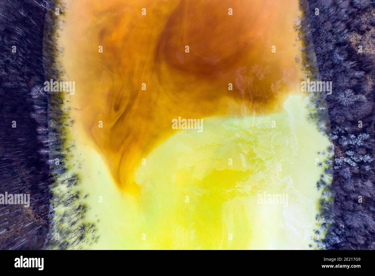 Aerial drone view of water pollution of a copper mine exploitation ...