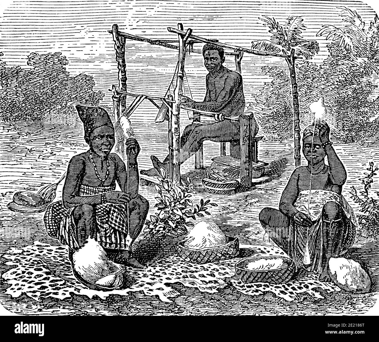 Spinning and weaving women from the Aschanti tribe, West African ethnic ...
