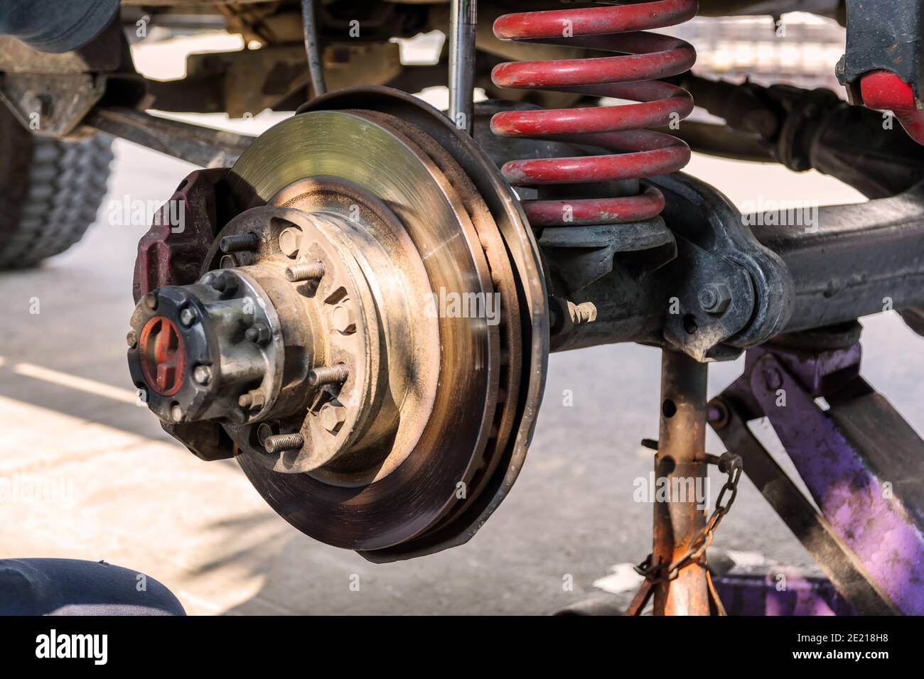 The front wheel of the car was removed to repair the brake system ...