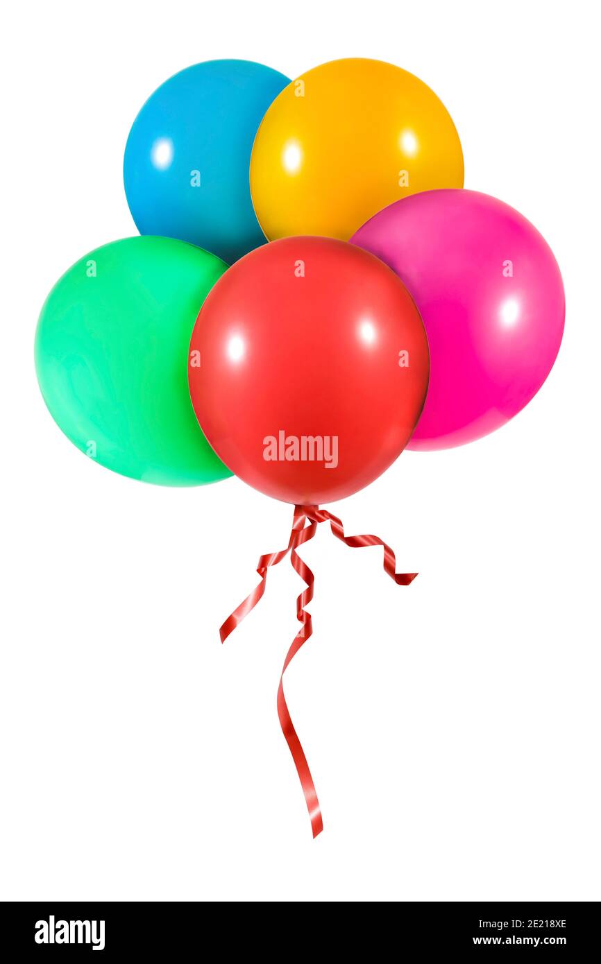 Group of colorful balloons with red ribbon isolated on white background ...