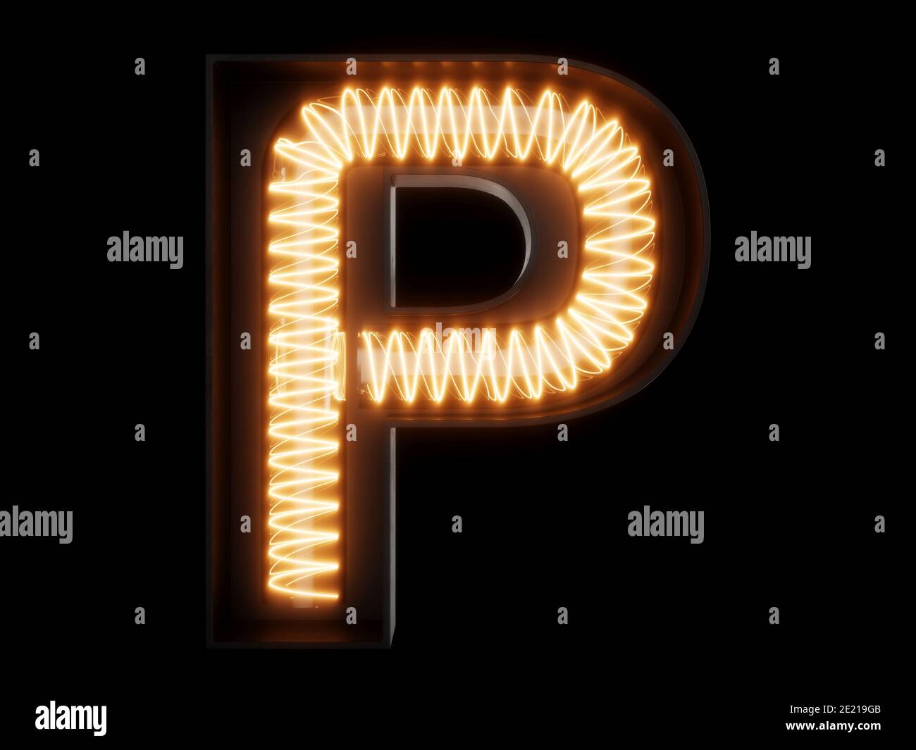 Light bulb glowing letter alphabet character P font. Front view ...