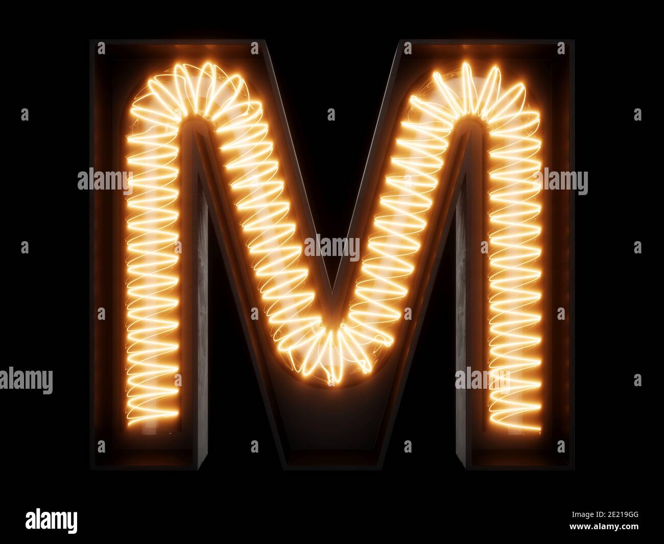 Light bulb glowing letter alphabet character M font. Front view ...