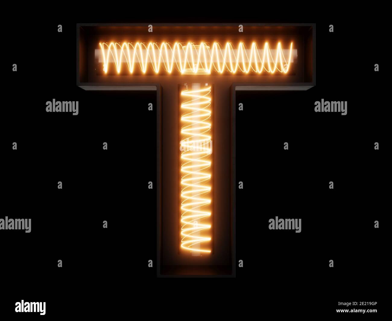 Light bulb glowing letter alphabet character T font. Front view ...