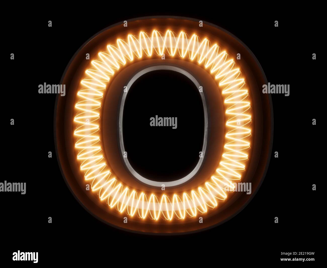 Light bulb glowing letter alphabet character O font. Front view ...