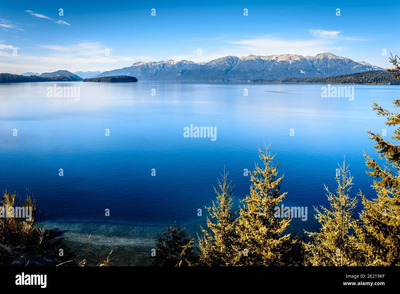 Beautiful shot of the blue water and Conifers on the riverbank Stock ...