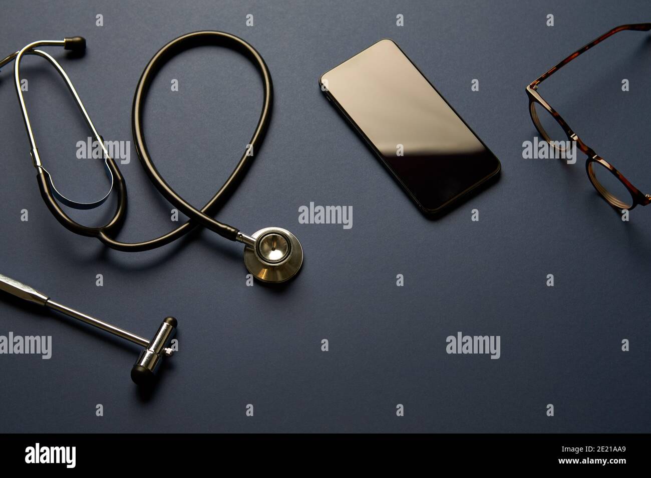 Overhead Flat Lay Shot Of Medical Equipment On Black Background Stock ...