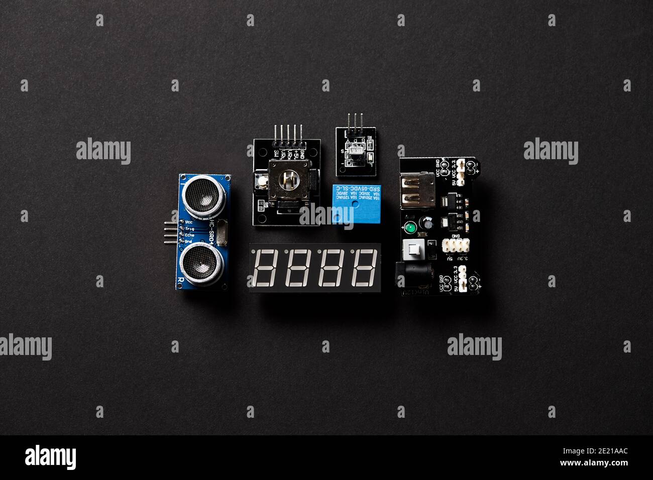 Overhead Flat Lay Shot Of Electronic Computer Components On Black ...