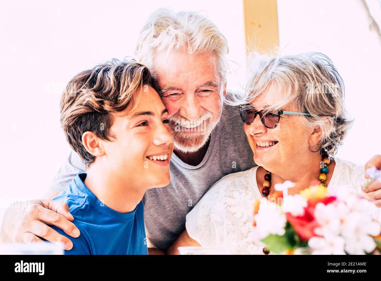 Cheerful family mixed ages and generations together have fun and smile ...