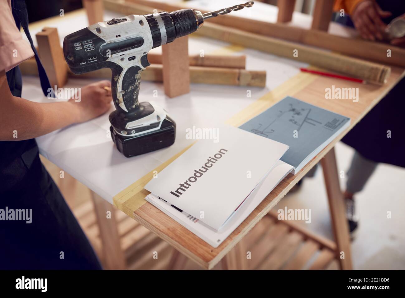 Tools And Plans On Workbench To Build Bamboo Framed Bicycle Stock Photo ...