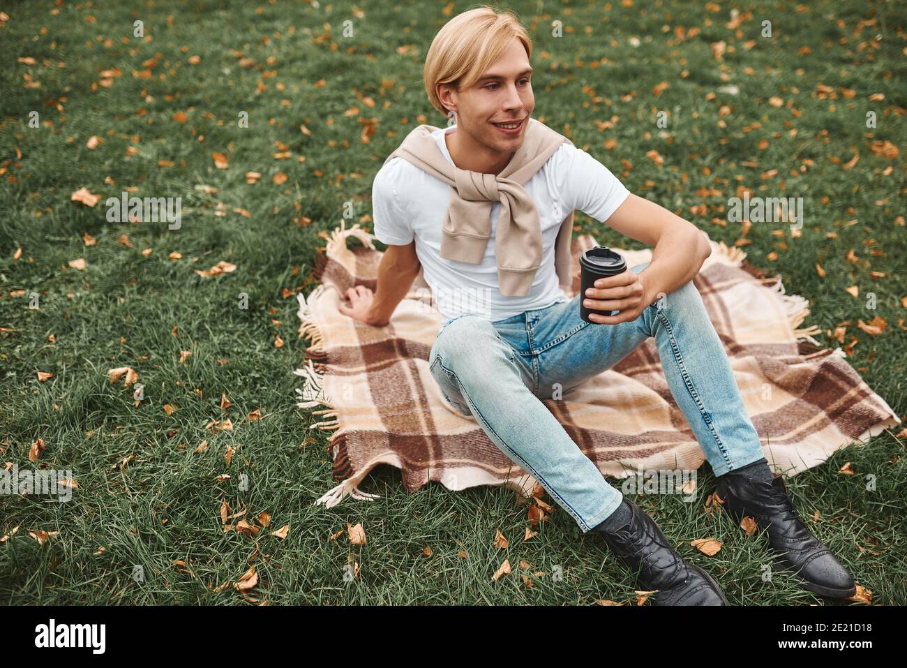 Handsome man having rest outdoors. Lying on blanket in park Stock Photo ...