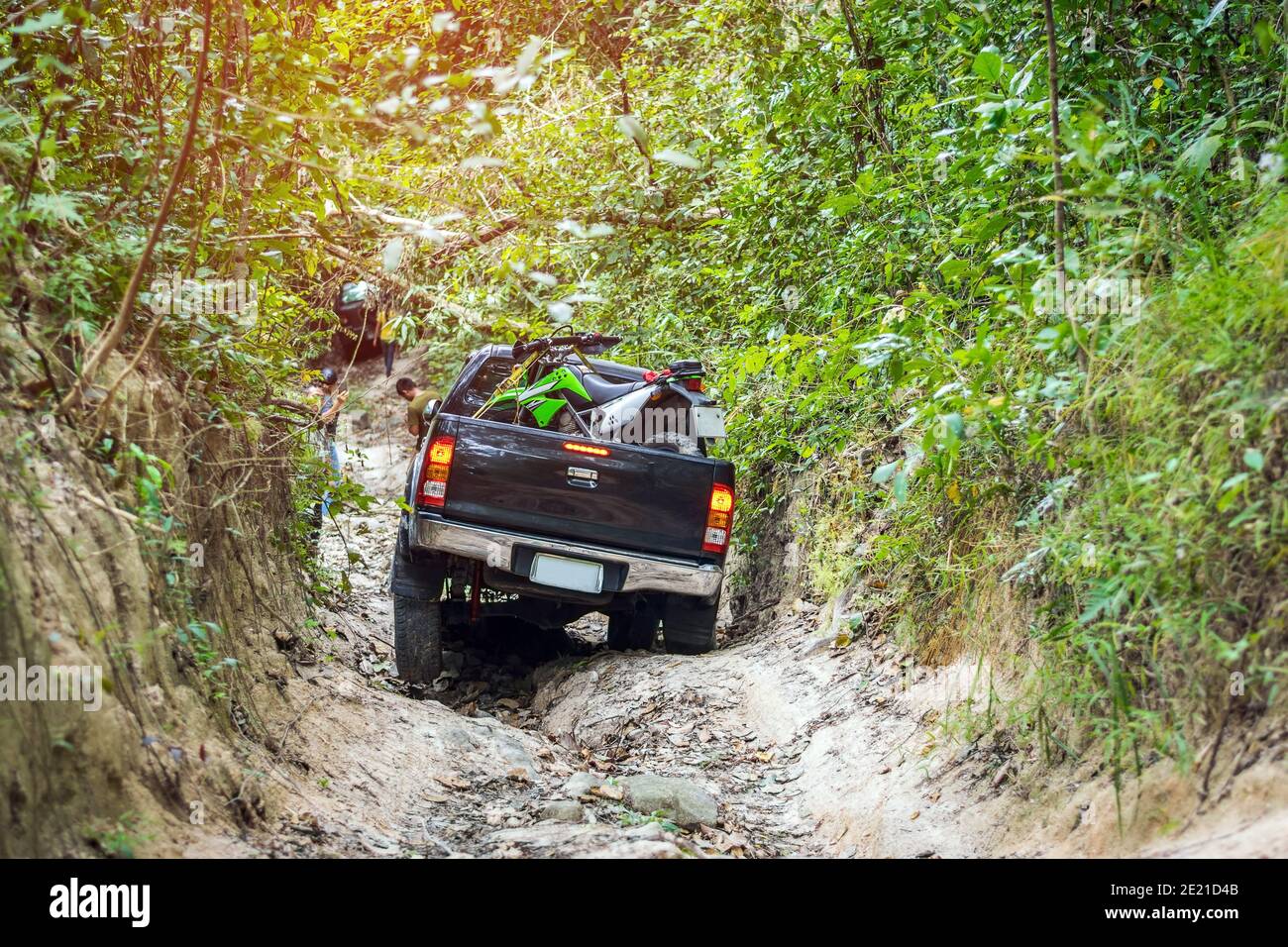 4 wheel drive is climbing on a difficult off-road in mountain forests ...