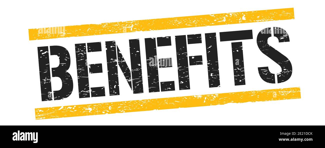 BENEFITS text on black yellow grungy lines stamp sign Stock Photo - Alamy
