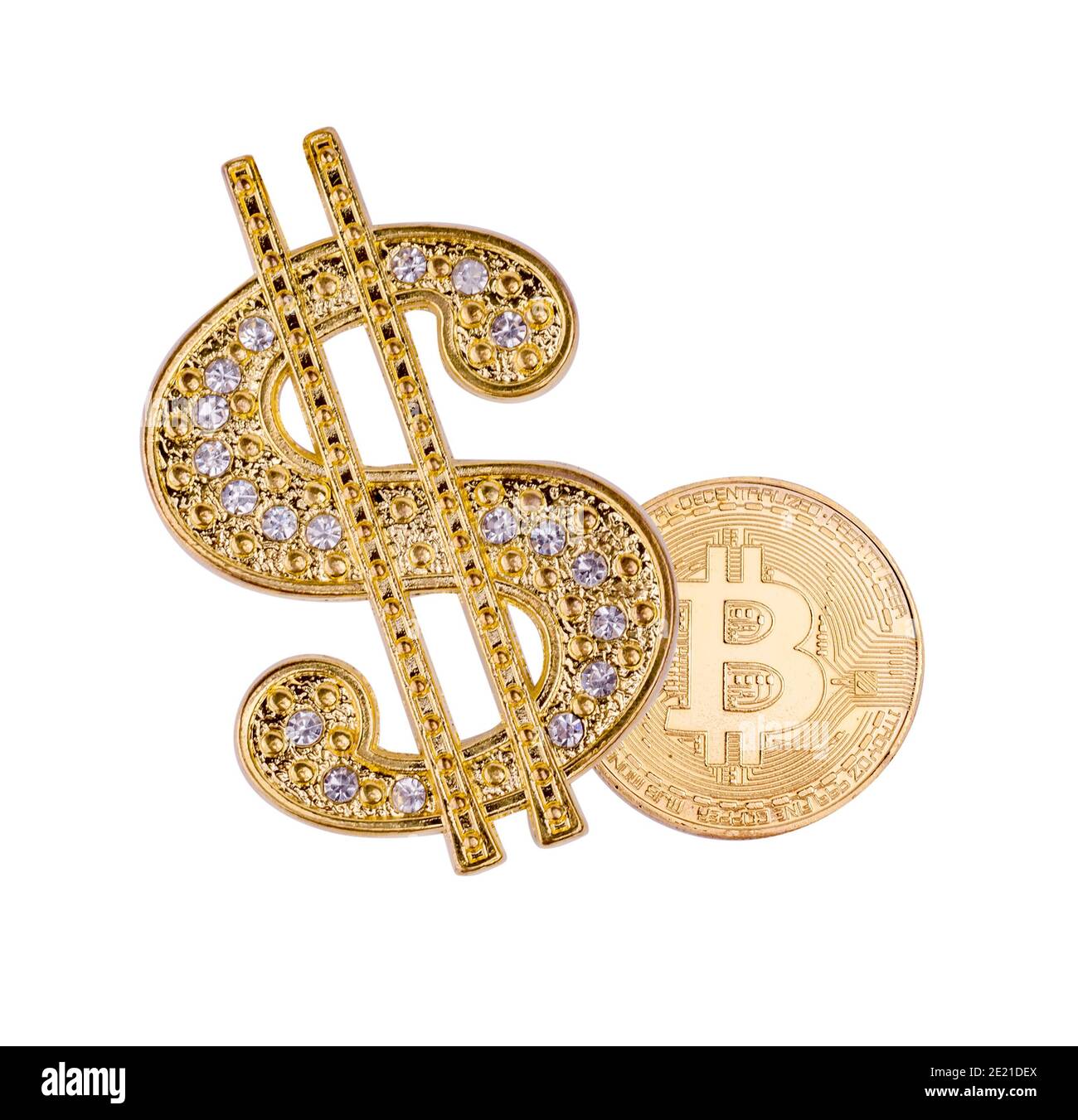 Shiny Gold dollar sign Shiny Gold dollar sign and physical Bitcoin coin ...