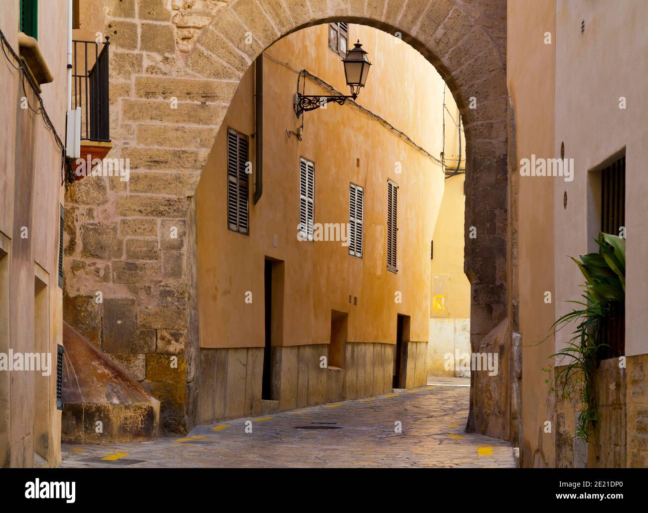 Narrow street with houses and shuttered windows in the Sa Portella ...