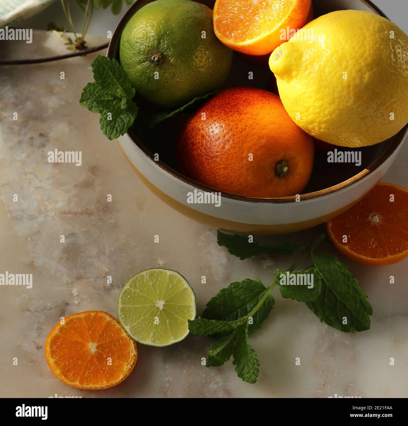 Home made food from citrus on marble background. Different citrus ...