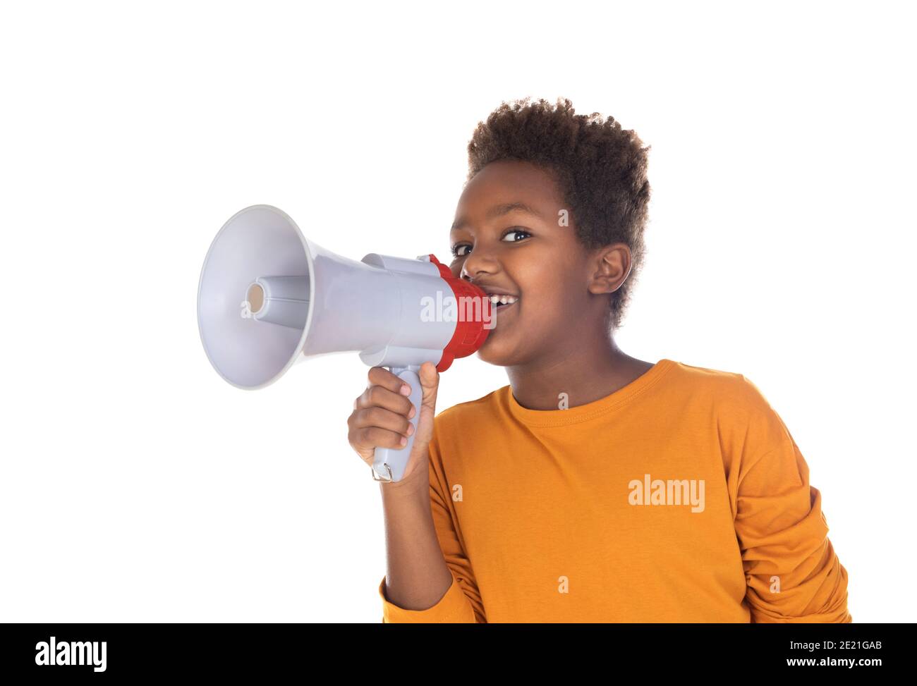 Happy little child speaking with a megaphone isolated on a white ...