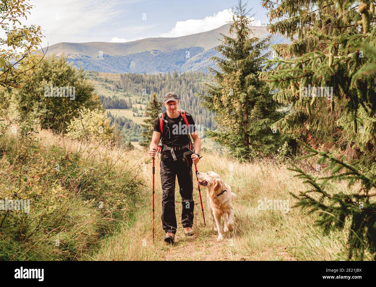 Hiker with dog walking along path Stock Photo - Alamy
