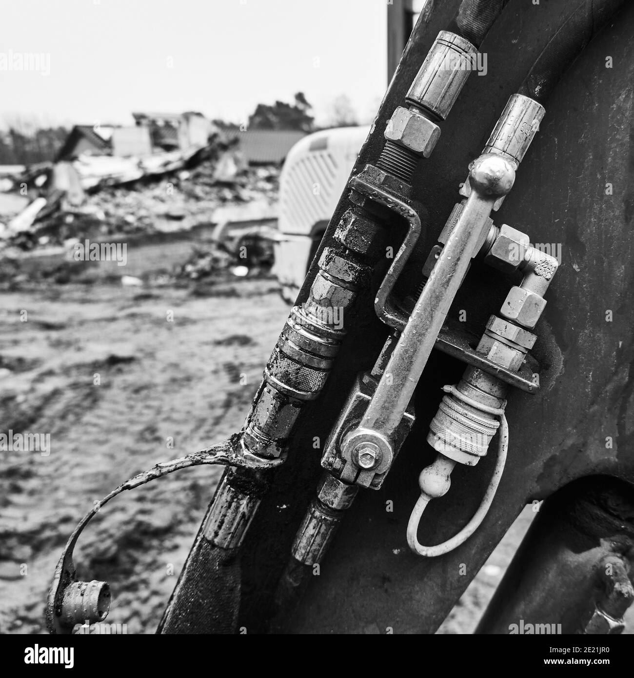Detail of the hydraulic shut-off device on the boom of an excavator ...