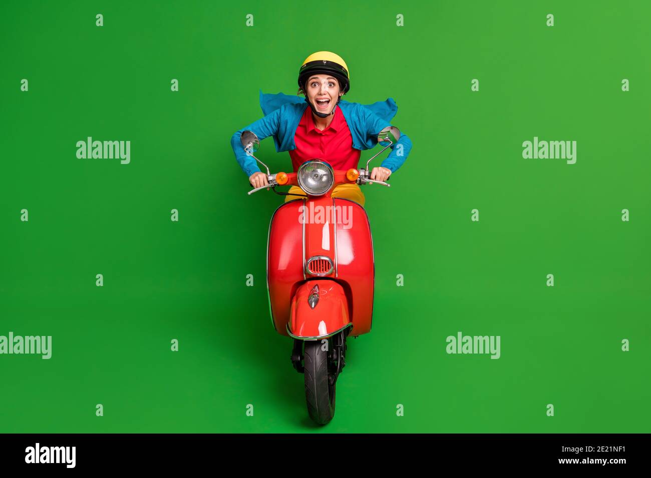 Full size photo of young beautiful excited crazy smiling girl ride fast ...