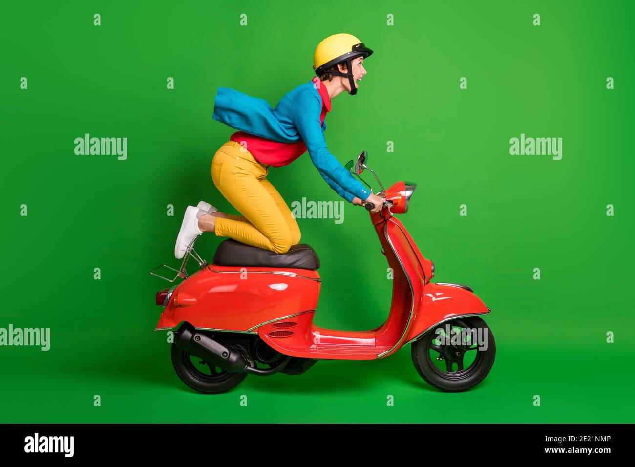 Full size profile side photo of young happy crazy excited girl ride ...