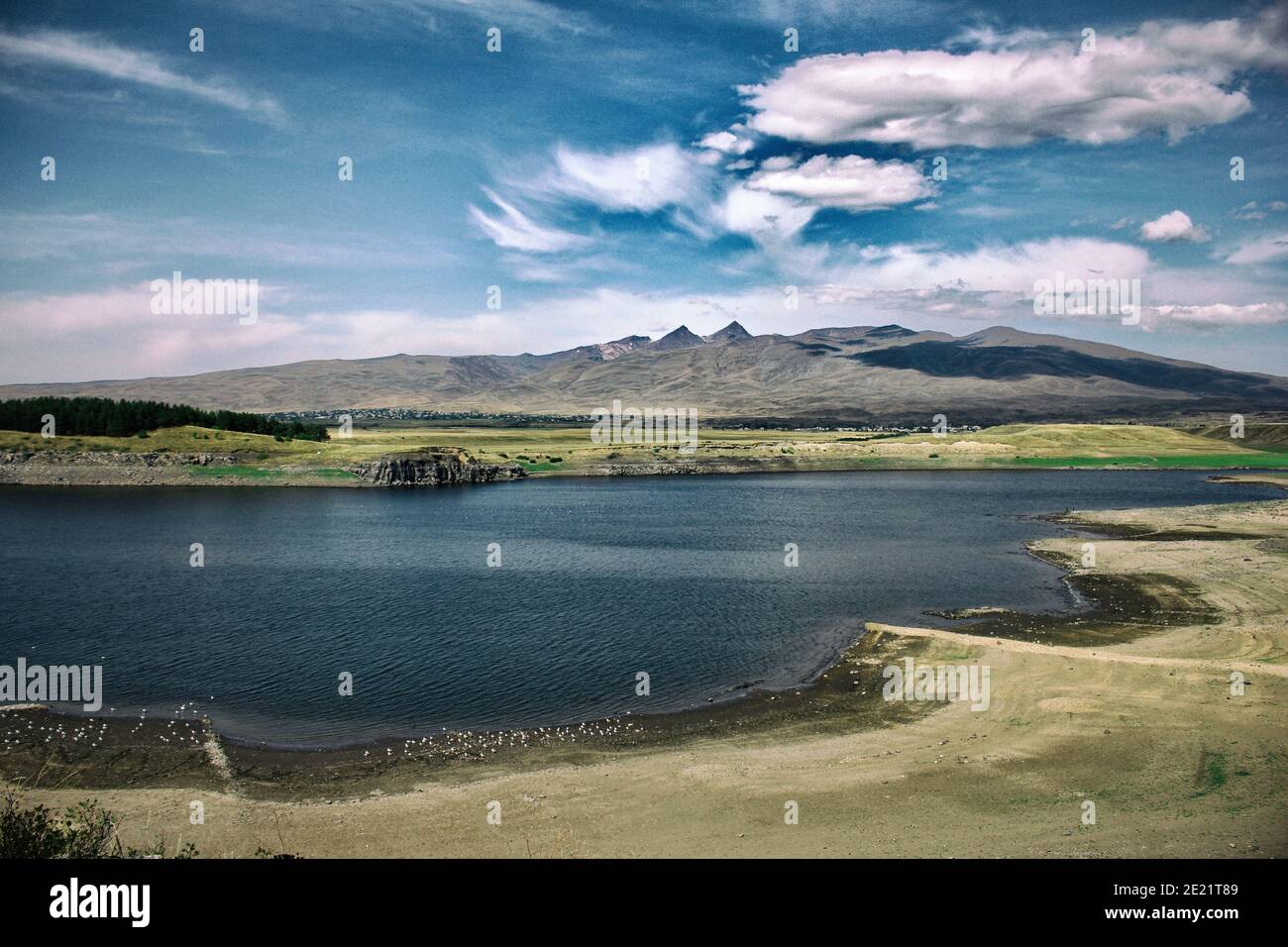Landscape of Aparan reservoir, Armenia with dramatic clouds Stock Photo ...