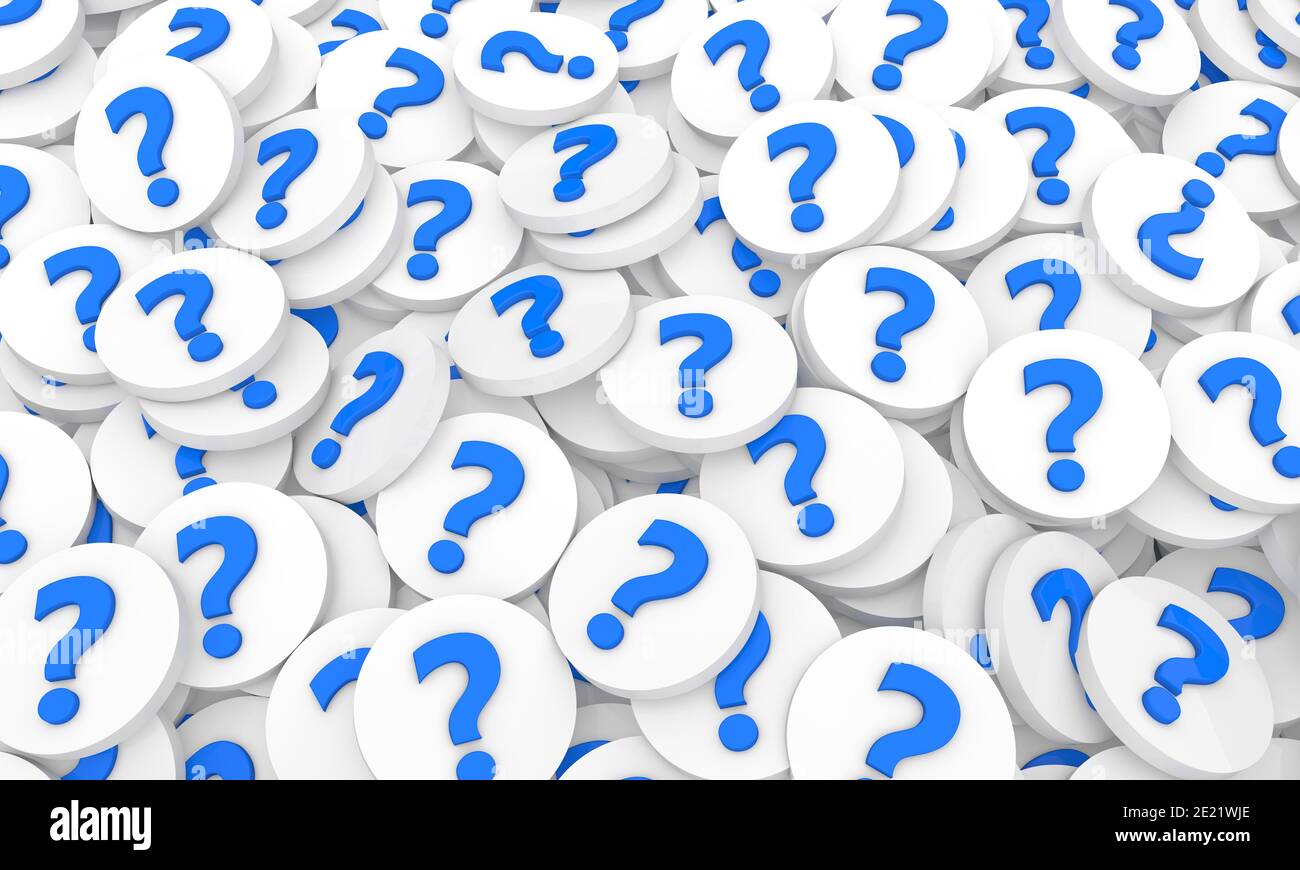 Question marks are randomly scattered throughout the frame. 3d render ...