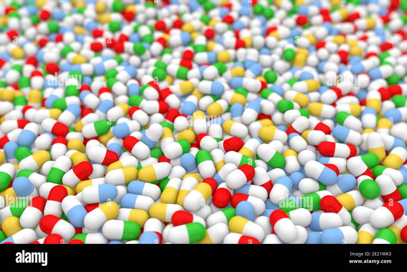 Lots of colored pills capsules. Health care concept. 3d render ...