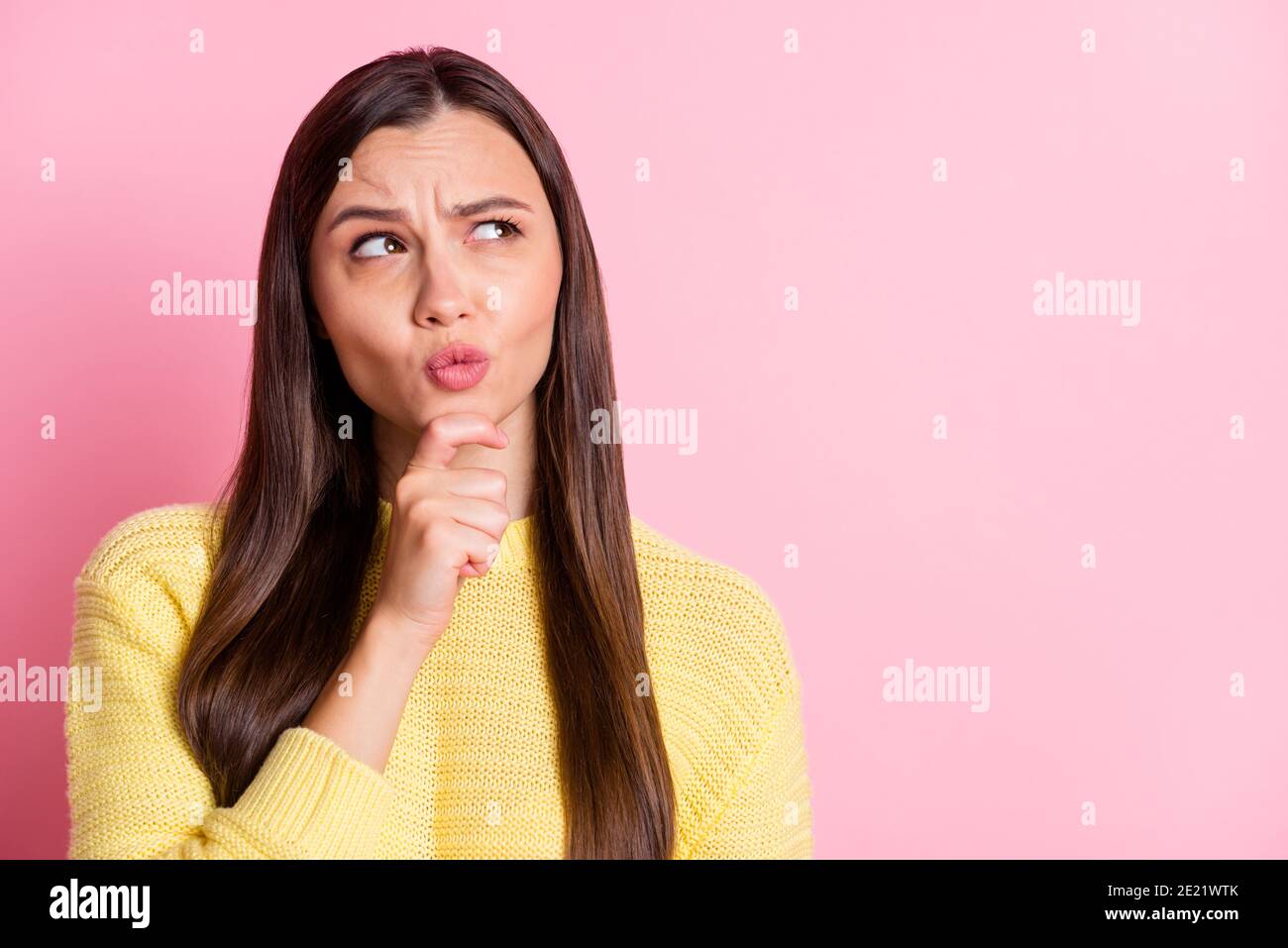 Portrait of young beautiful thoughtful cute girl pout lips look ...