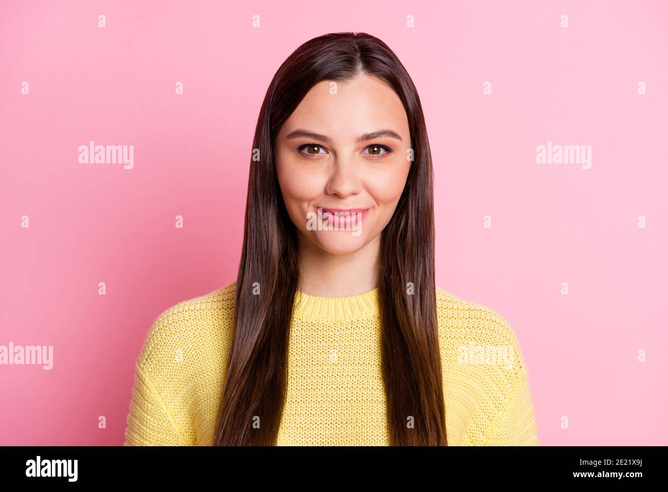 Photo of adorable cute young lady wear casual yellow outfit smiling ...