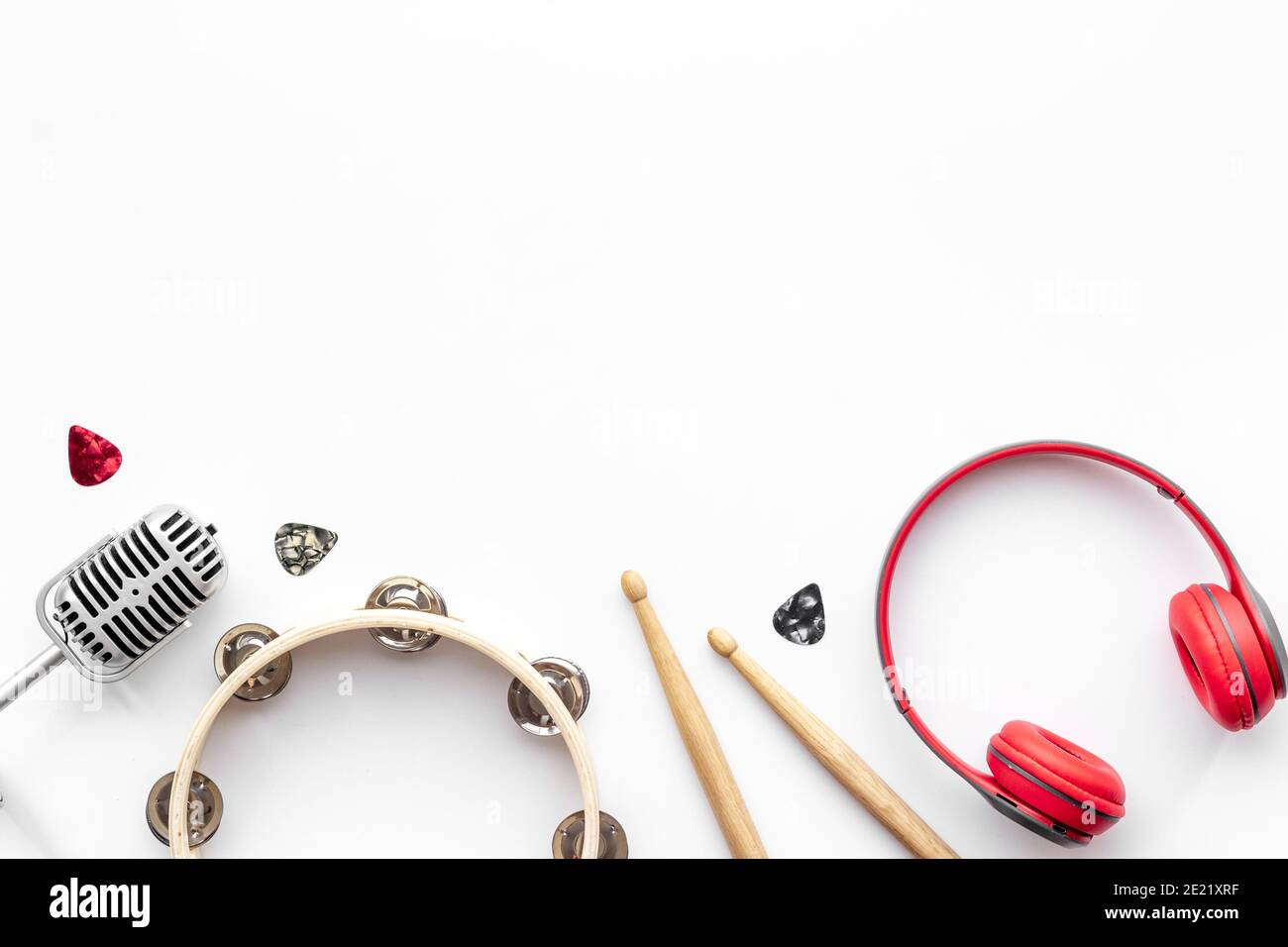 Top view of musical instrument with eadphones, flat design background ...