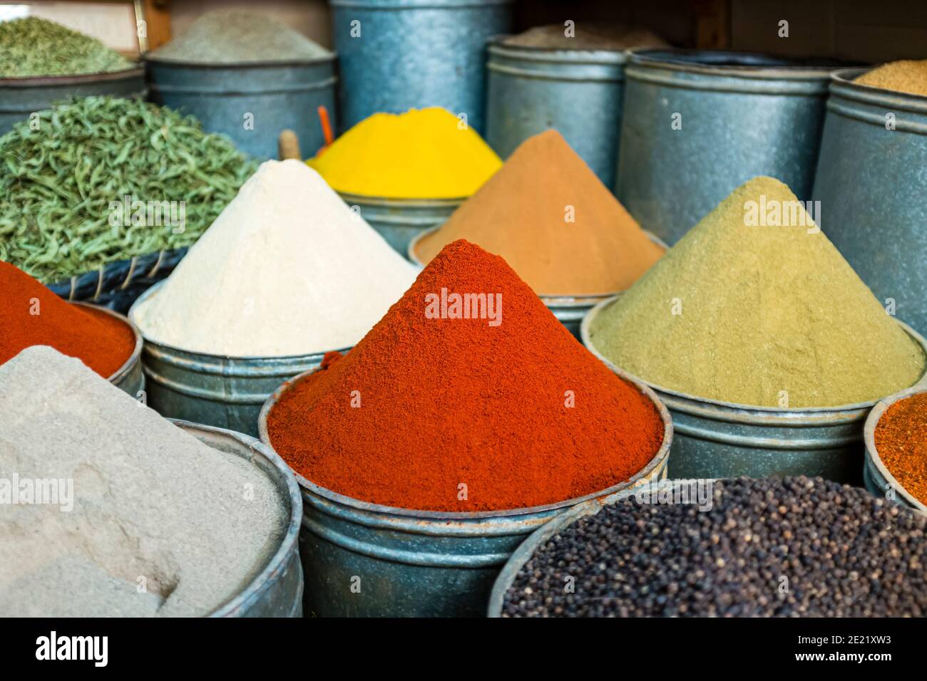 Spices and herbs for sale in the food souk in the Medina of Fes in ...