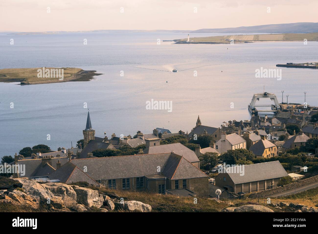 Aerial view of Stromness and Scapa Flow on Orkney islands with small ...