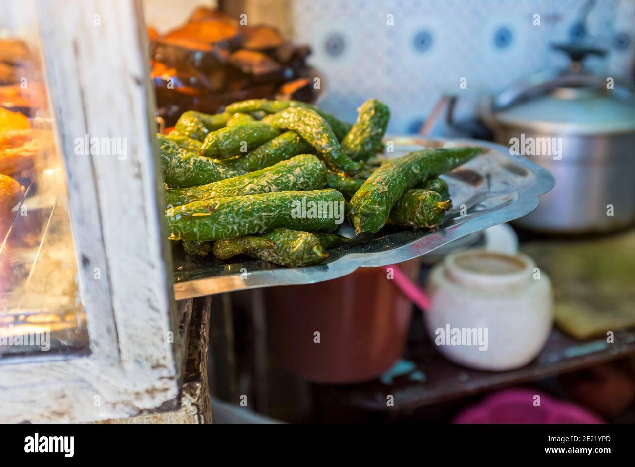Peppers and other food available from a stall in the Medina of Fez in ...