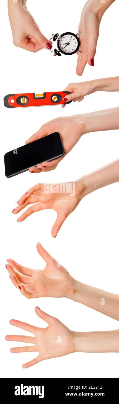 Multiple images set of female caucasian hand with objects isolated over ...