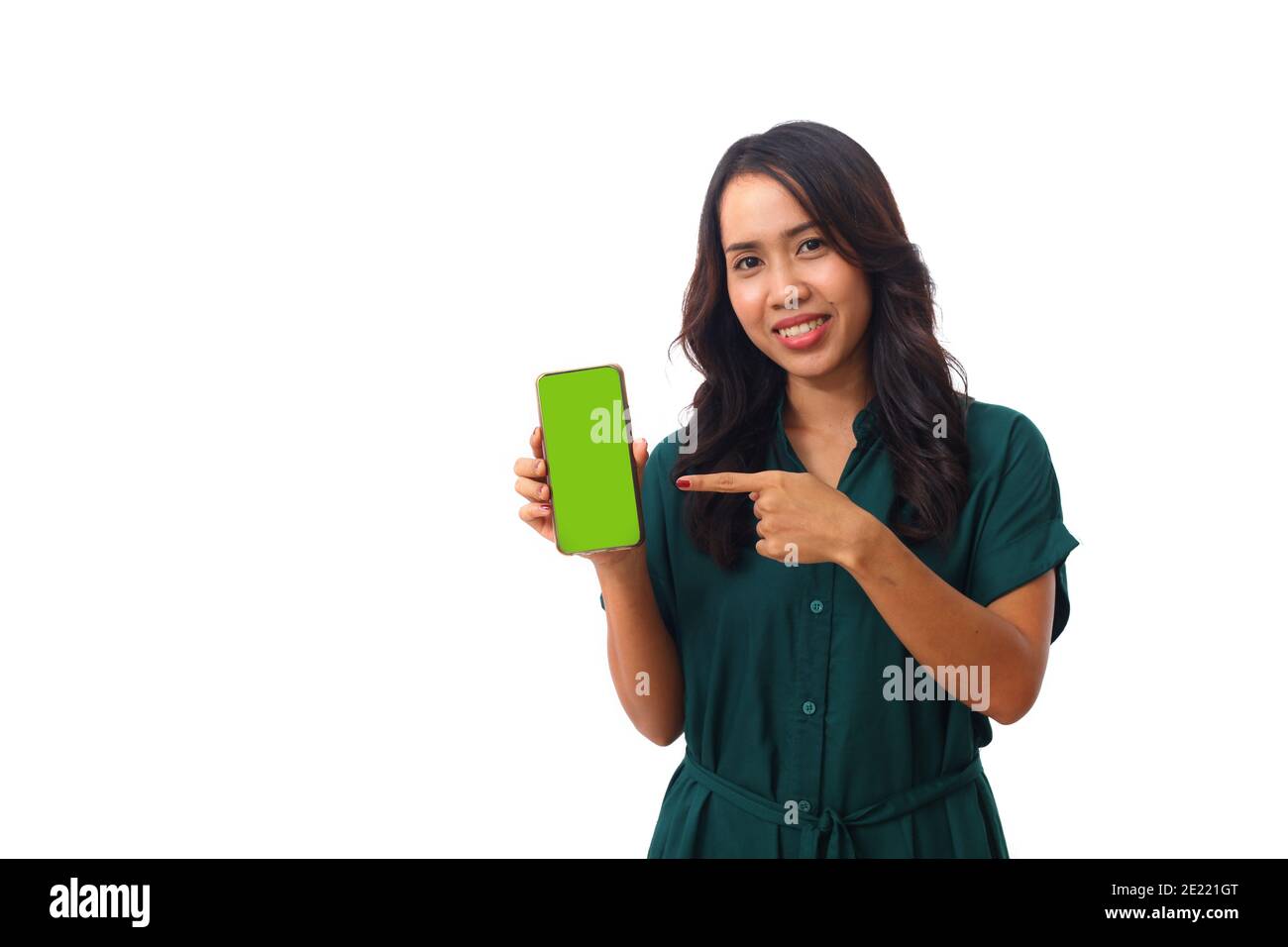Portrait of Asian woman showing or presenting mobile cell phone with ...