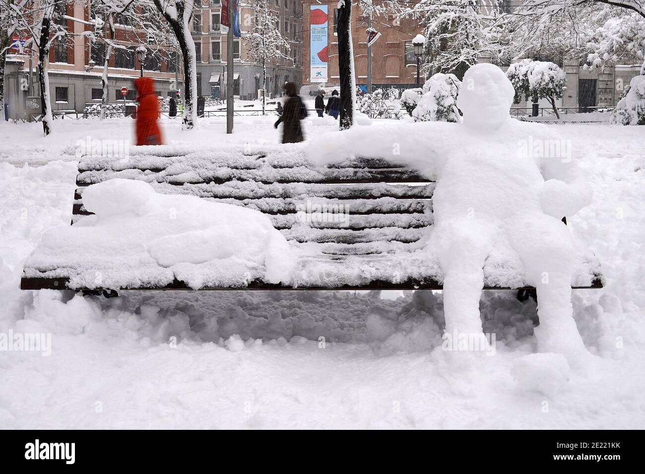 A snow man in Paseo del Prado during 'Filomena' snow storm in Madrid ...