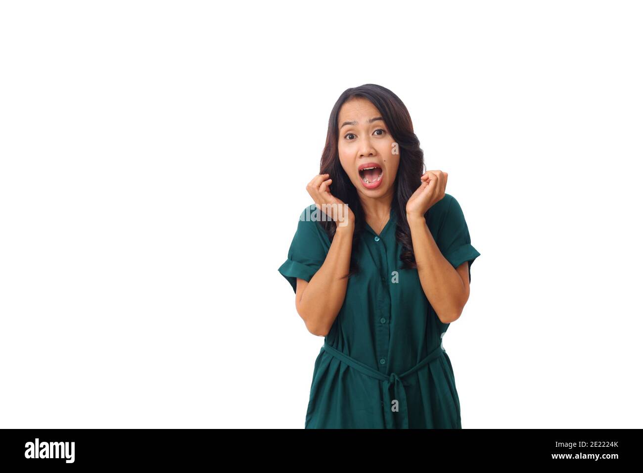 Asian girl is surprised she is excited.White background studio Stock ...