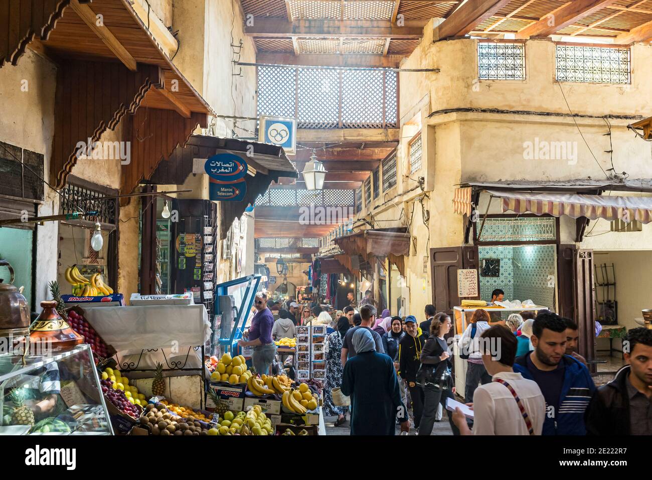 The busy and crowded souk in the Medina of Fes in Morocco Stock Photo ...