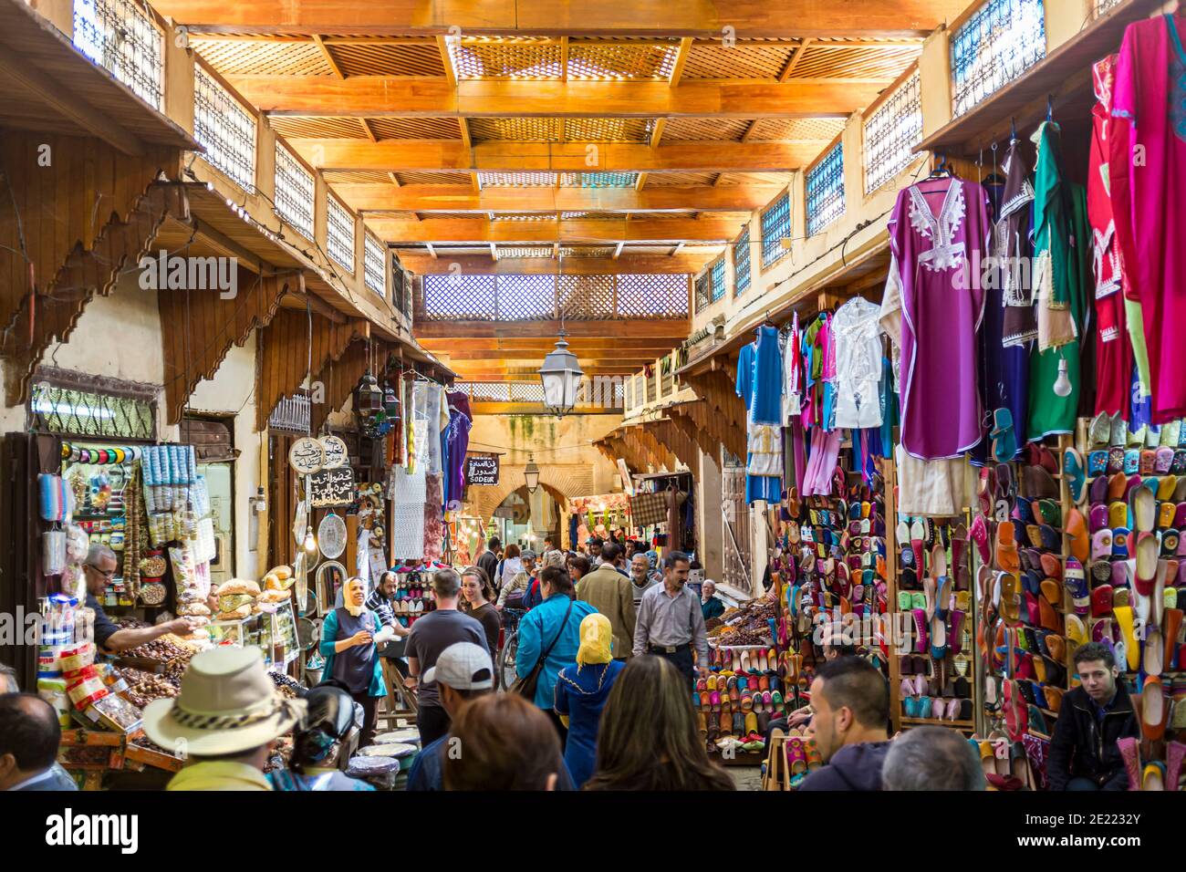 The busy and crowded souk in the Medina of Fes in Morocco Stock Photo ...