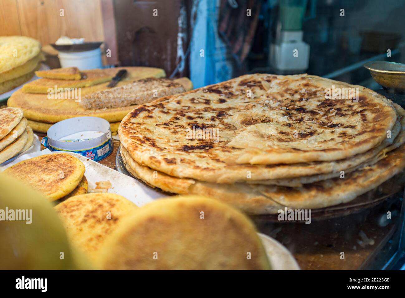 Moroccan bakery goods for sale in the Medina of Fez including beghrir ...