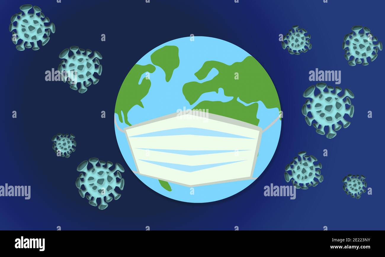 3D rendering of an Earth with a virus protection mask and small ...