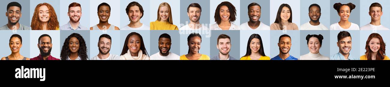 Range Of Diverse People Faces In Collage Over Blue Backgrounds Stock ...