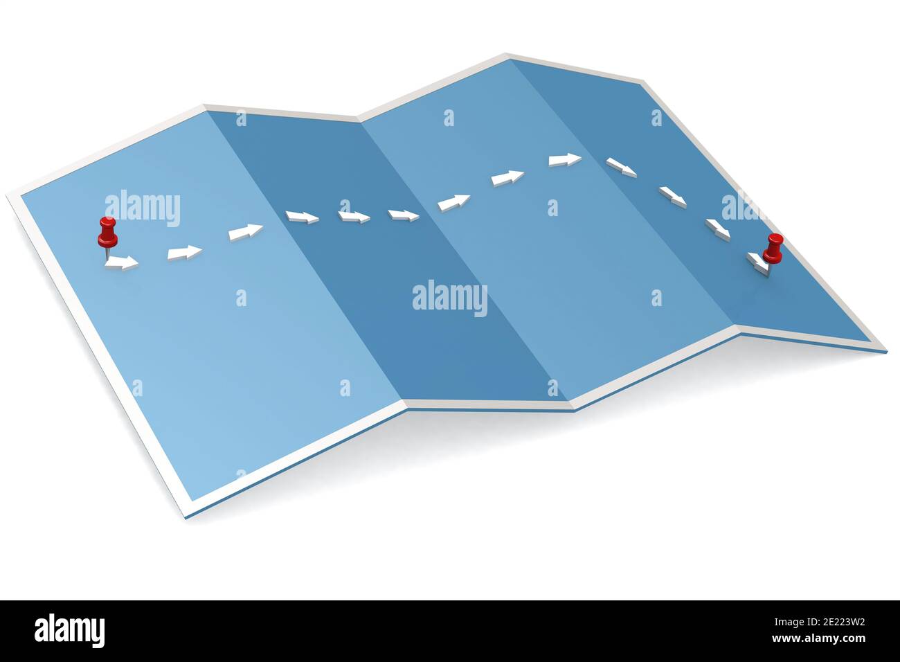 3D rendering of a path from point to point on a blue map isolated on a ...
