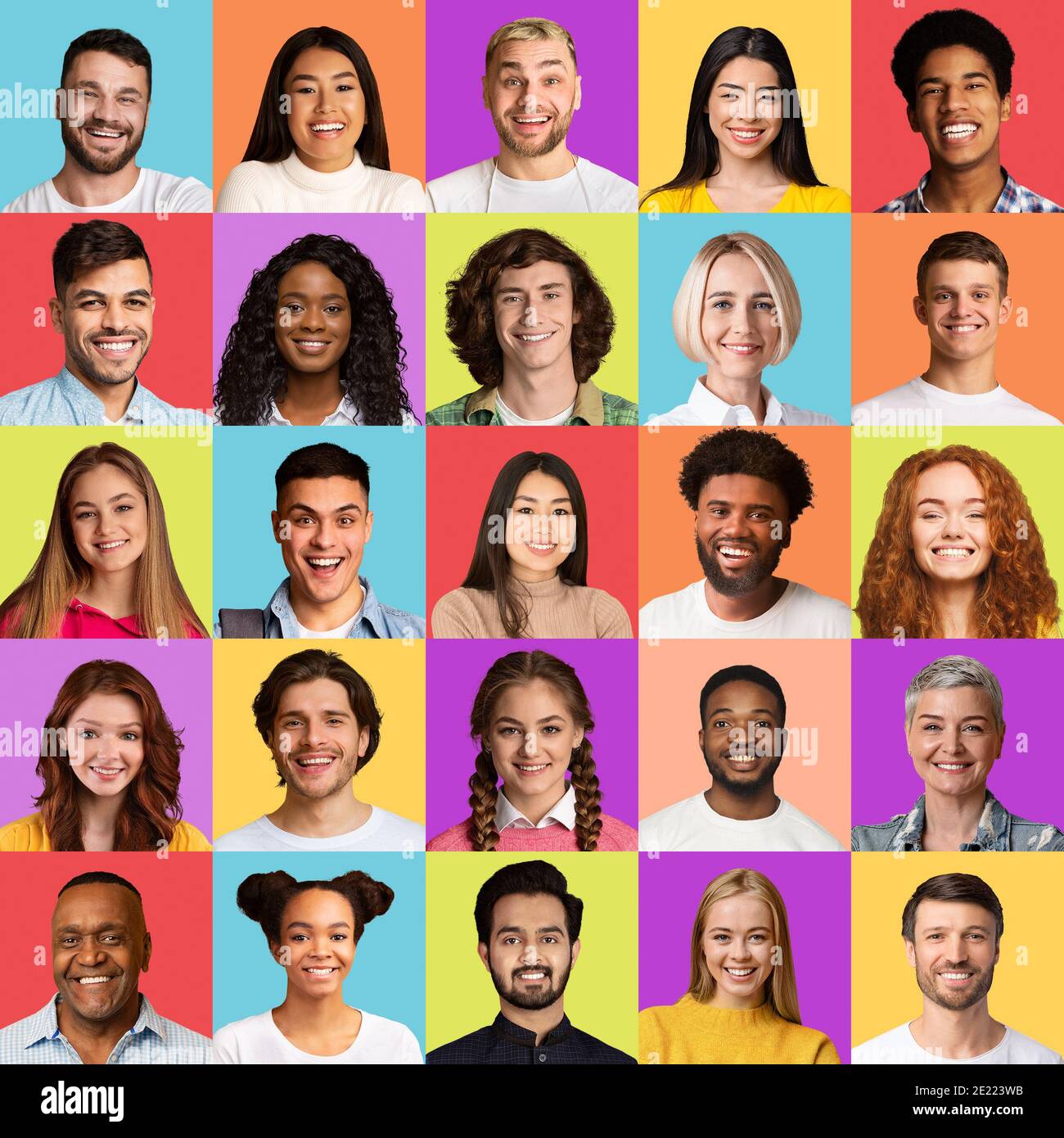 Mixed Men And Women Posing Over Colorful Backgrounds, Collage, Square ...